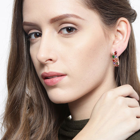 Jewels Galaxy Multicoloured 18 K Rose Gold Plated Handcrafted Half Hoop Earrings VVVVV ERG 2318