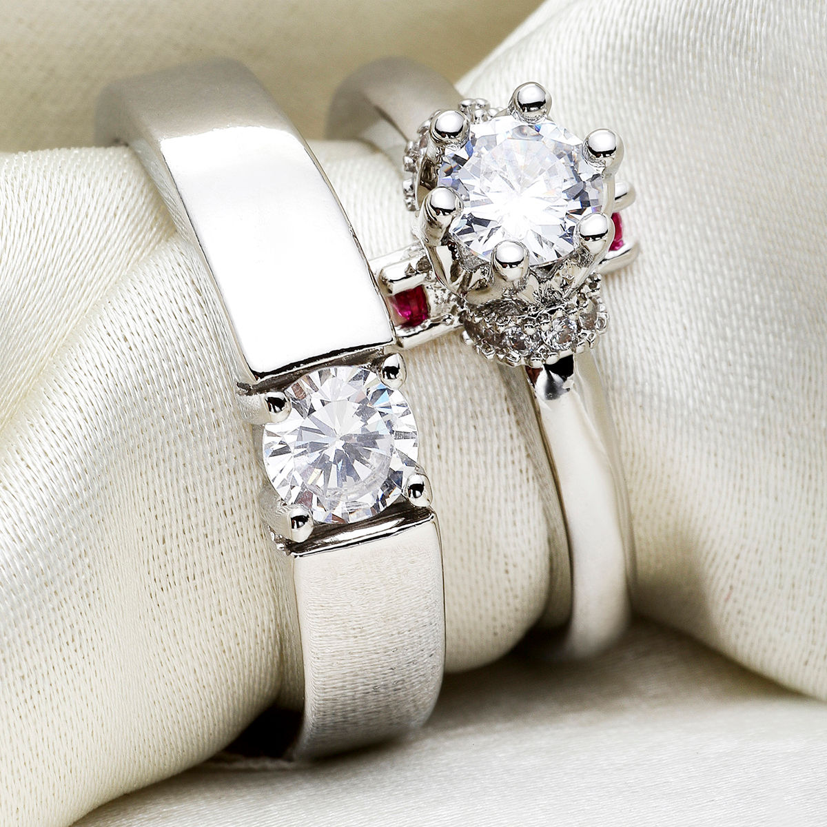 Karatcart Platinum Plated Silver Crystal Elegant Couple Adjustable Ring for Men and Women