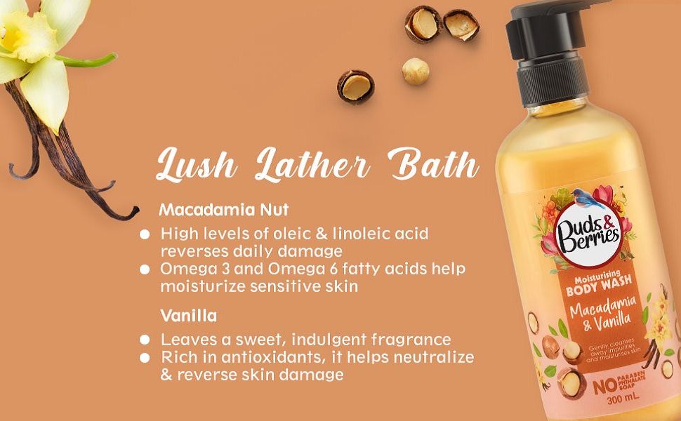 Buds & Berries Moisturising Macadamia and Vanilla Body Wash, No Paraben ...