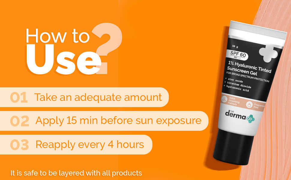 The Derma Co. 1% Hyaluronic Tinted Sunscreen SPF 60 Gel, PA++++, No ...