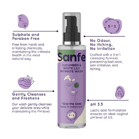Sanfe Intimate Hygiene Duo - 3 in 1 Cucumber Intimate Wash (100 ml) and ...