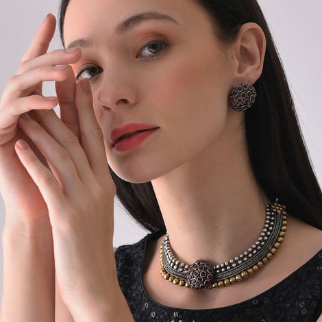 SOHI Silver-Plated Silver Designer Stone Studded Jewellery Set