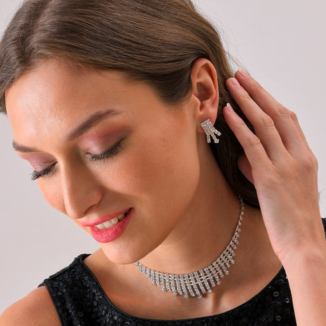 SOHI Silver-Plated White AD Stone Studded Jewellery Set