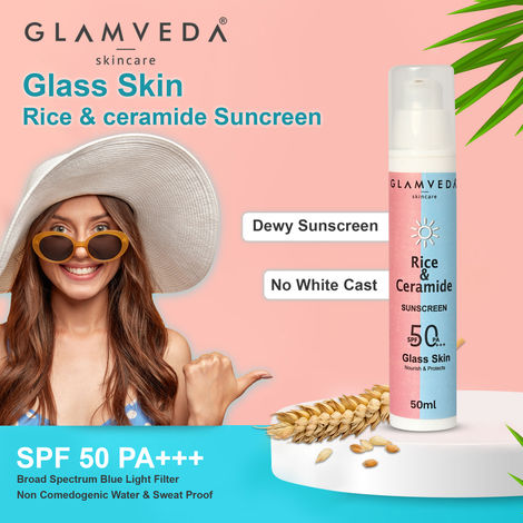 Glamveda Glass Skin Rice & ceramide Dewy Sunscreen SPF 50 PA+++ Broad ...