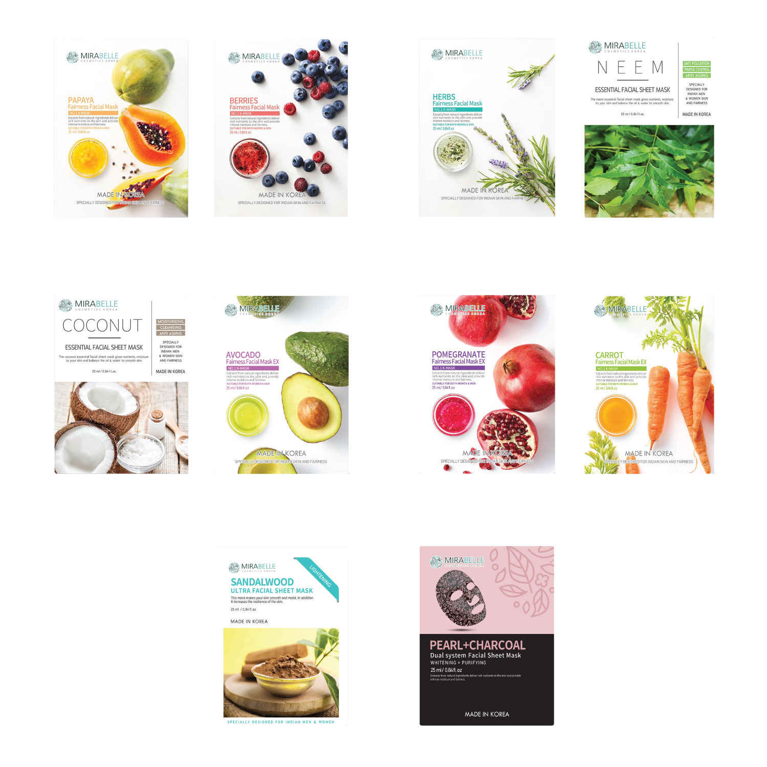 Mirabelle Korea Crystal clear skin Facial Sheet Masks Combo Pack Of 10