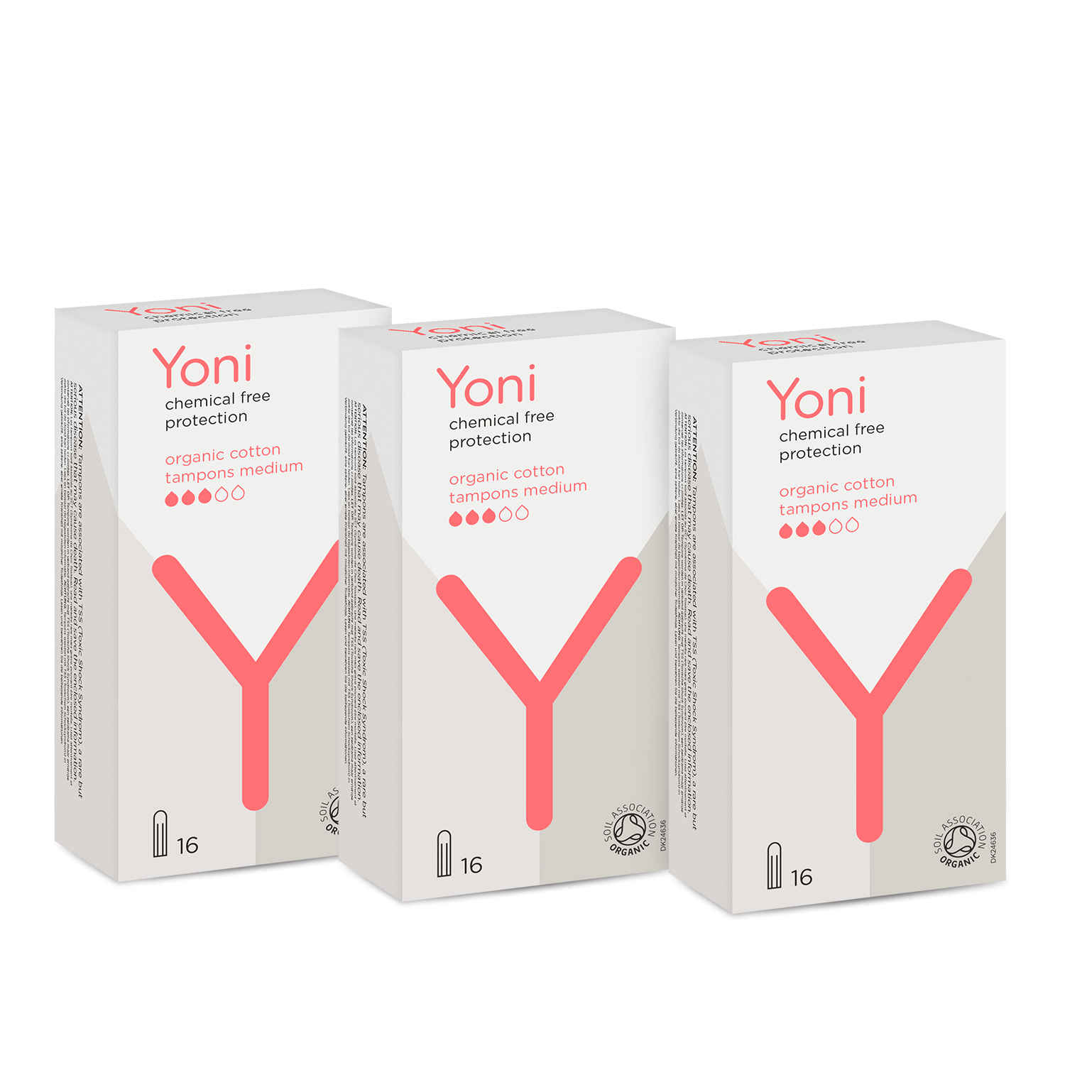 Yoni 100% Organic Cotton, Biodegradable Tampons Medium 16 pcs - Pack of 3