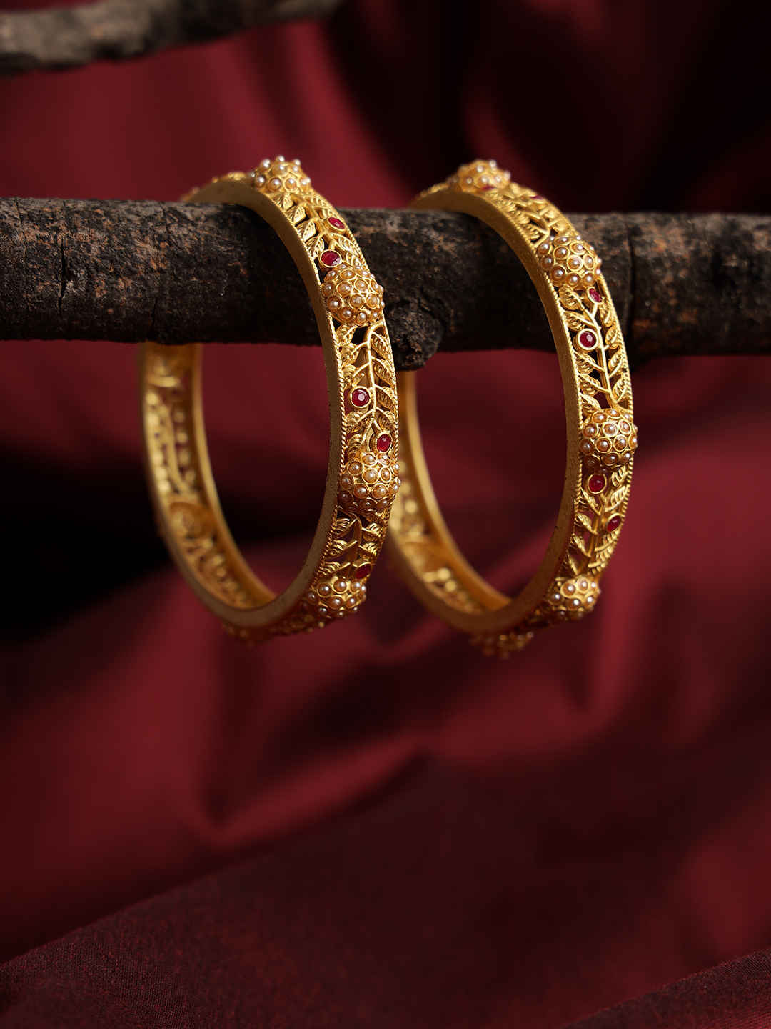 Set of 2 Gold-Plated Ruby studded Leaf Pattern Bangles