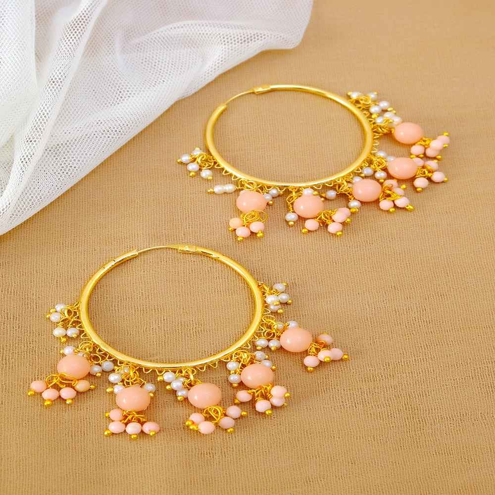 Crunchy Fashion Traditional Gold-Plated Hoops Design Pink Pearl Earring ...