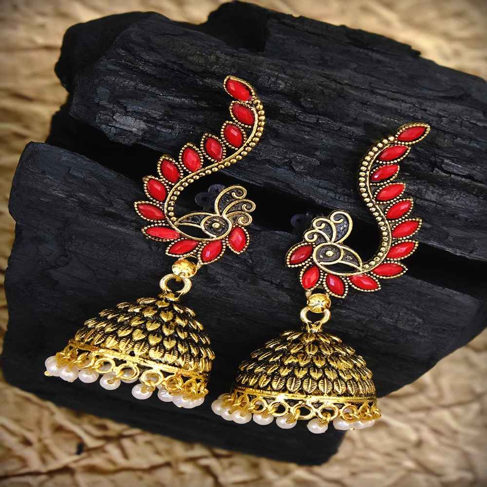 Crunchy Fashion Gold Plated Meenakari Beautiful Red Peacock Design RAE0925