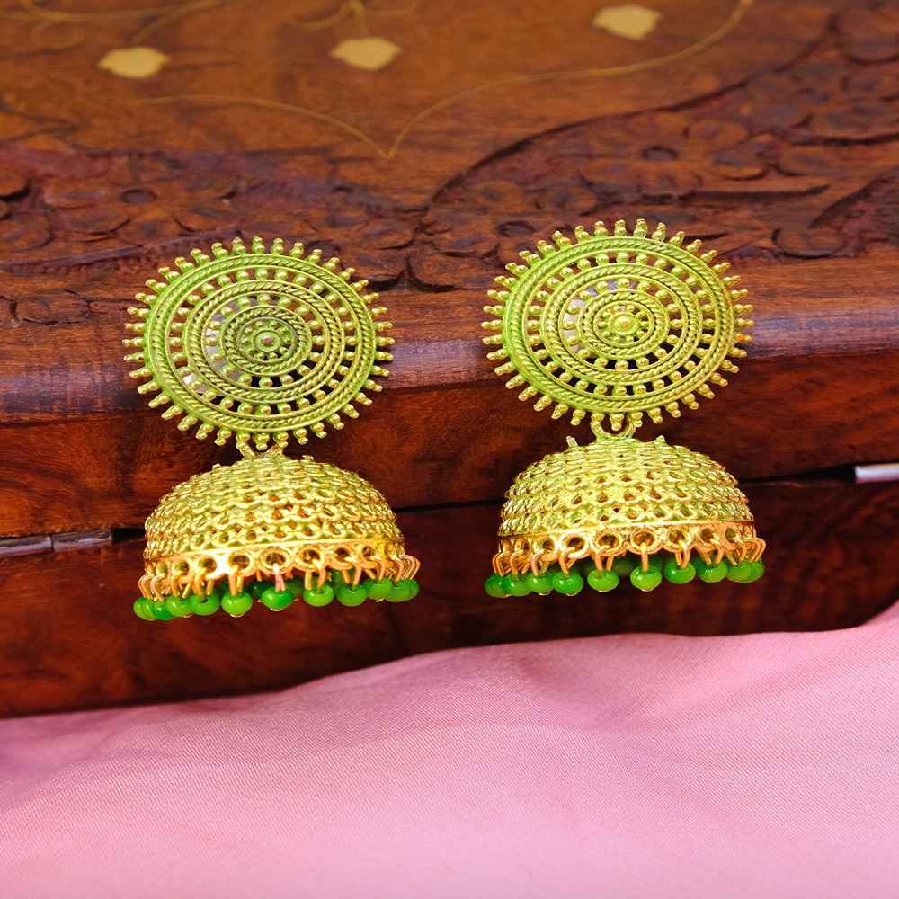 Crunchy Fashion Gold-Plated Round Designs Green Pearls Jhumka Earrings ...
