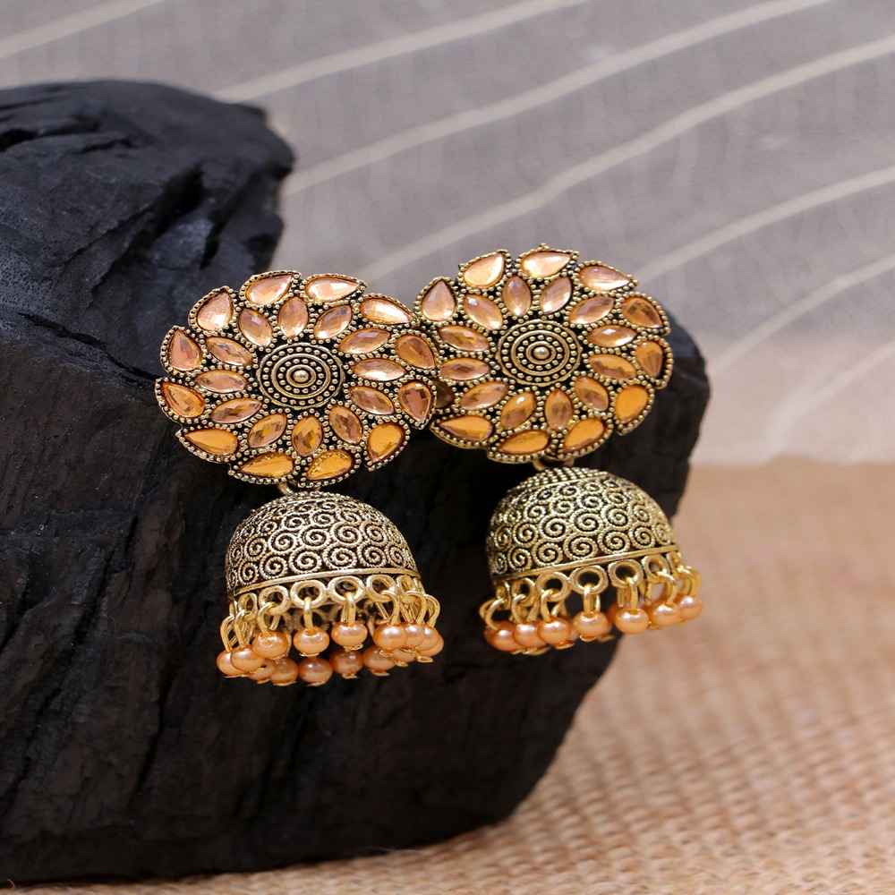 Crunchy Fashion Gold-Plated Peach Floral Design Jhumki Earring RAE1543
