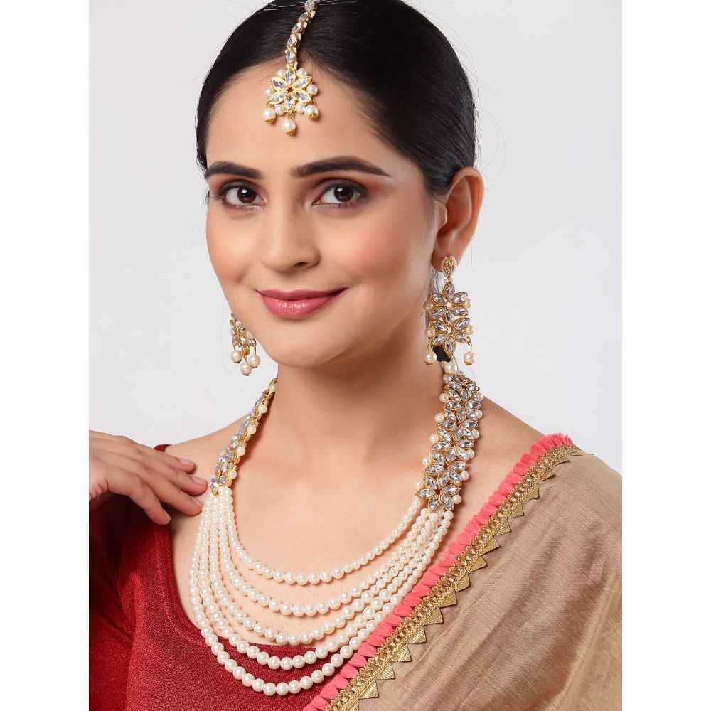 Zeneme Gold-Toned White Kundan Studded With White Pearl Beaded Multi ...
