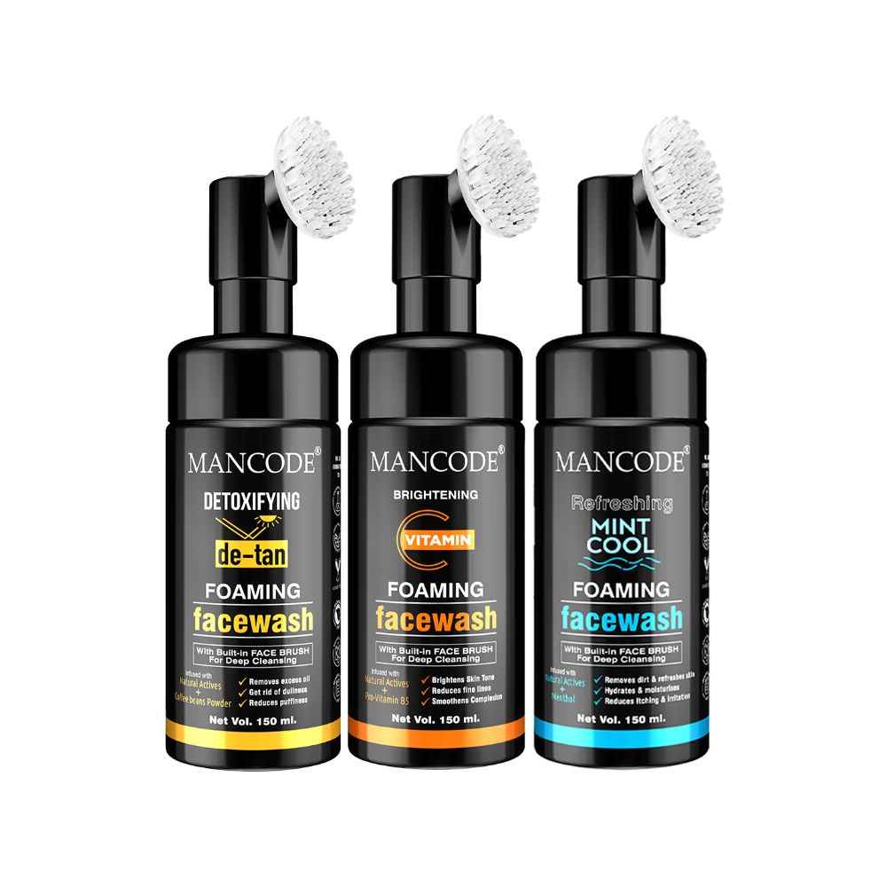 Mancode Detoxifying De Tan , Vitamin C & Mint Cool Foaming Facewash (With Bult-in Brush),150ml ...