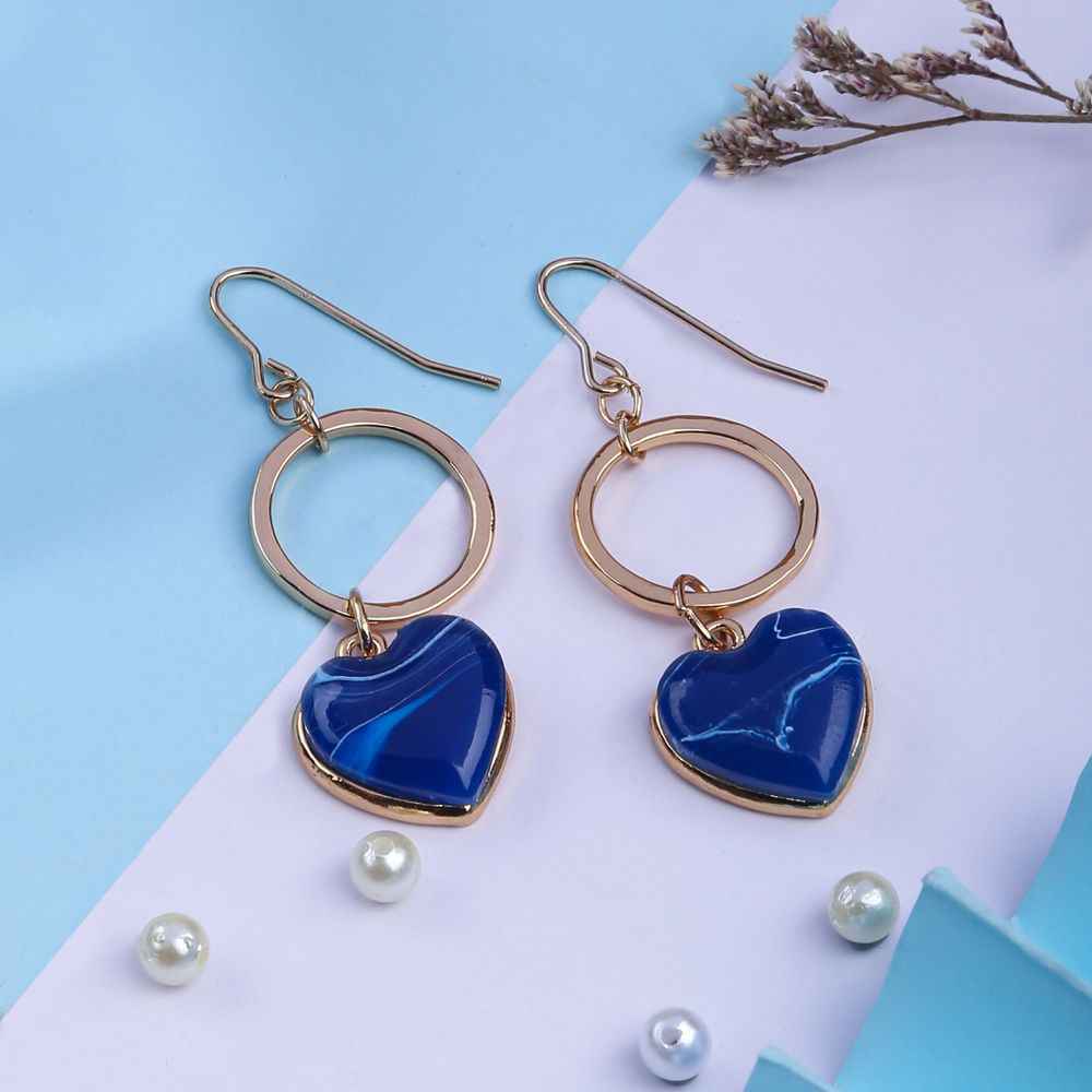 Lilly & Sparkle Gold Toned Drop Earrings With Blue Enameled Heart Charm