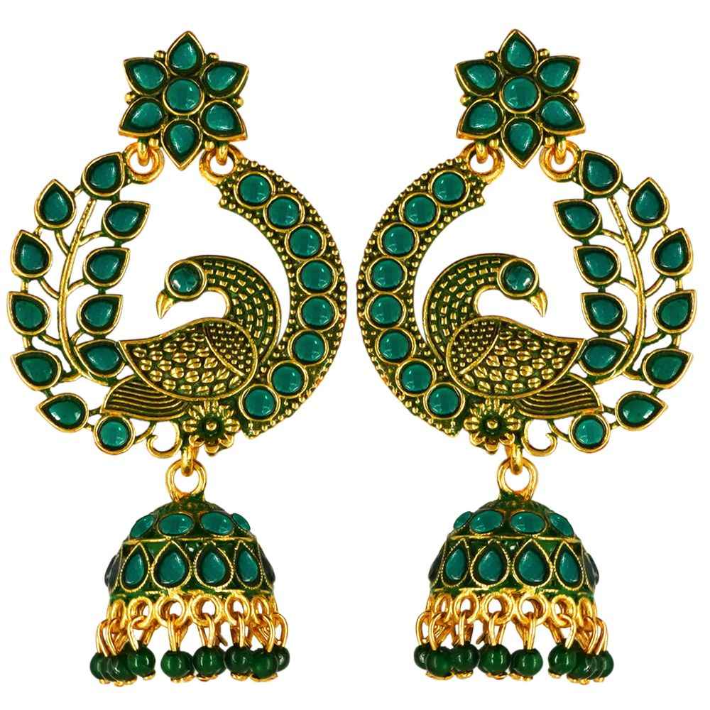 Fashion Frill Mayur Design Mesmerizing Gold Plated Green Jhumkas For ...