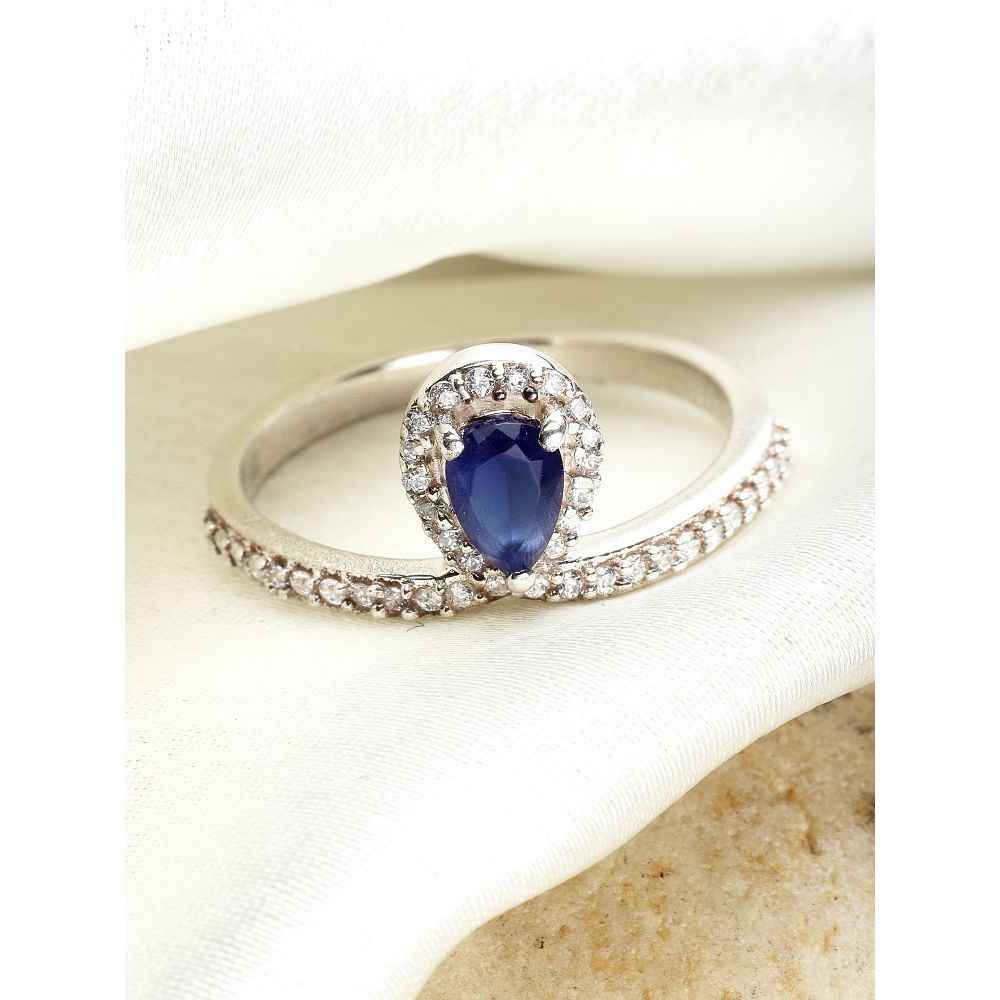 KUNUZ 925 Sterling Silver Blue Crystal Adjustable Ring for Women