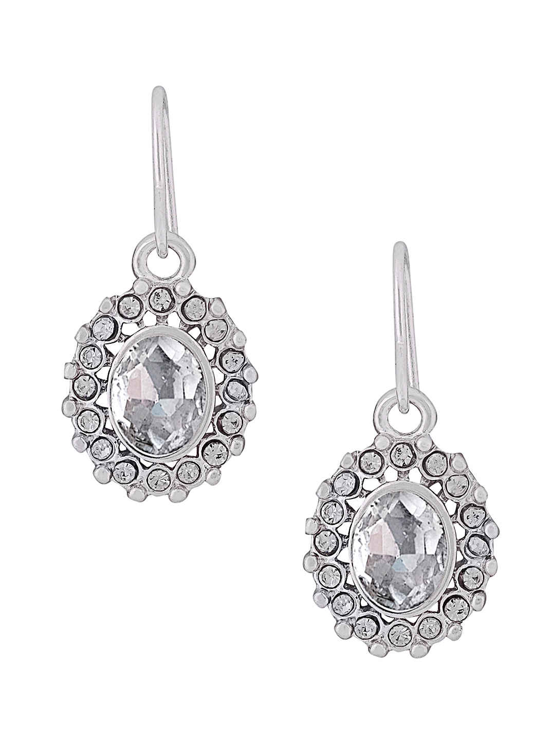 Lilly & Sparkle Silver Toned Crystal Studed Round Shaped Dangler Earrings