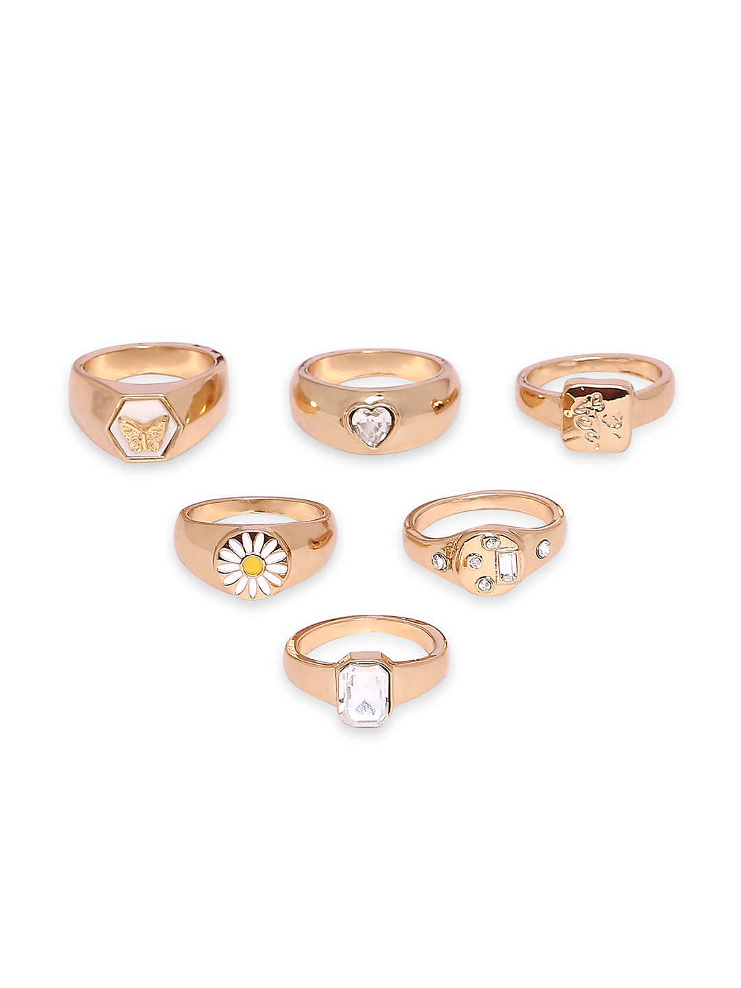 Lilly & Sparkle Gold Toned Statement Happy Summer Rings Pack Set Of 6