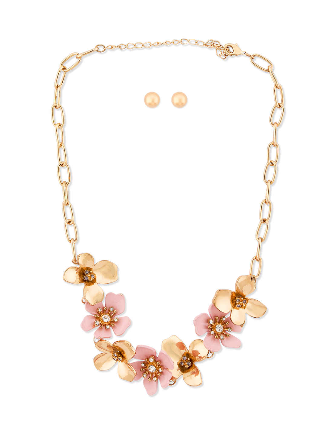 Lilly & Sparkle Gold Toned Necklace With Gold, Pink Flower And Stud ...