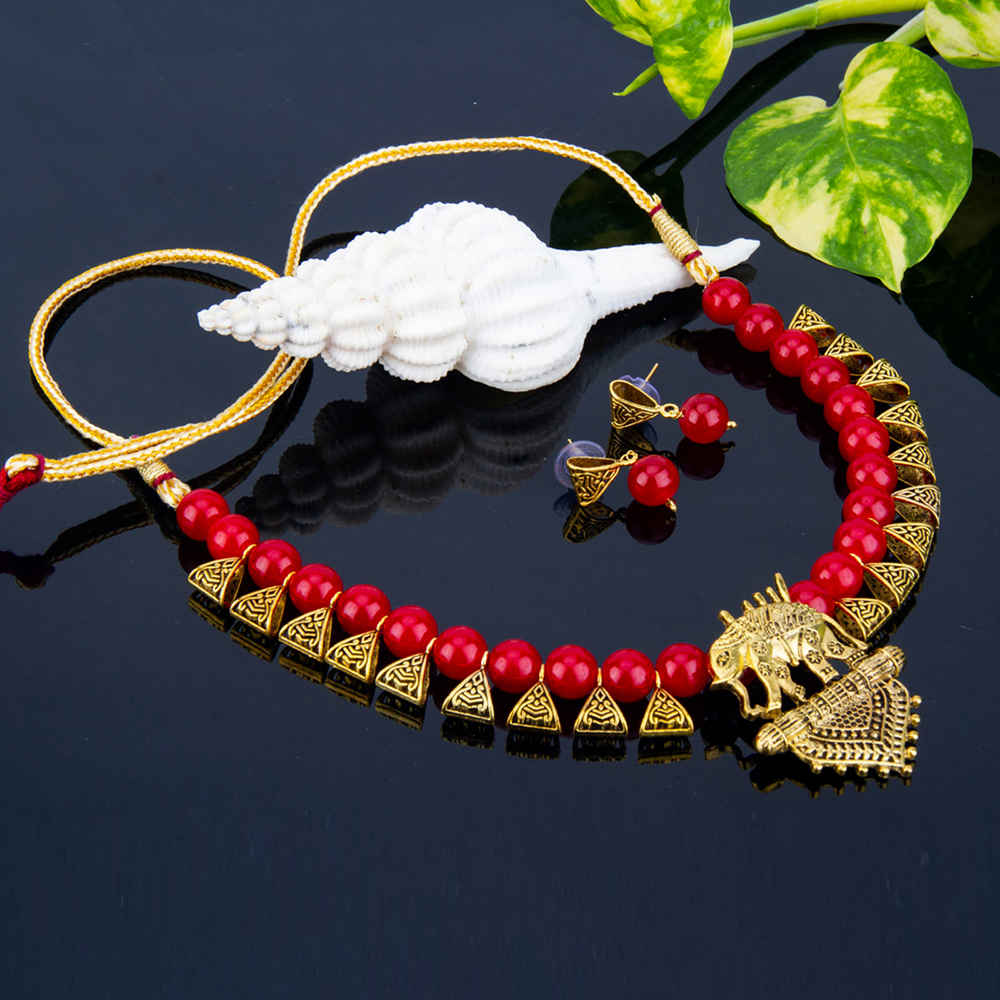Jewels Galaxy Women Antique Red Gold-Plated Beaded Textured Jewellery Set