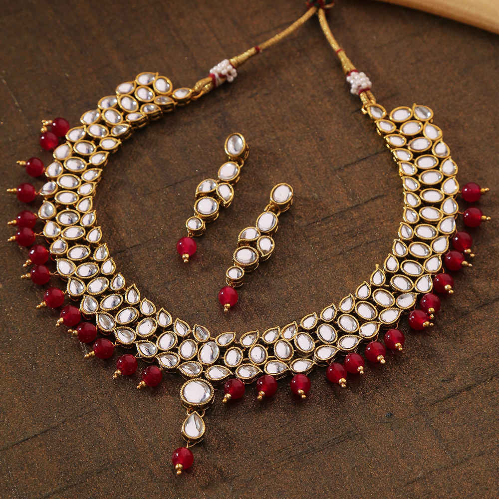 Jewels Galaxy Maroon Gold-Plated Stone-Studded Beaded Jewellery Set