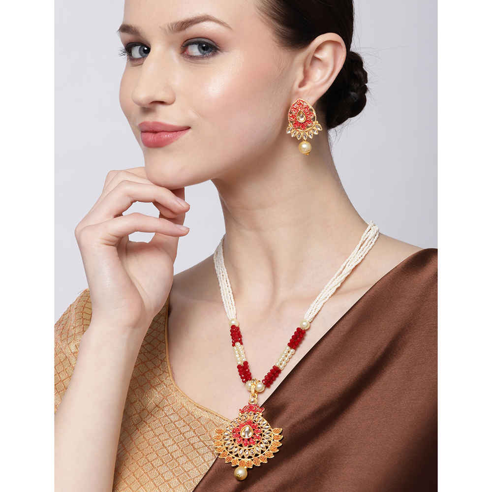 Jewels Galaxy White Maroon Gold Plated Stone Studded Beaded Jewellery Set