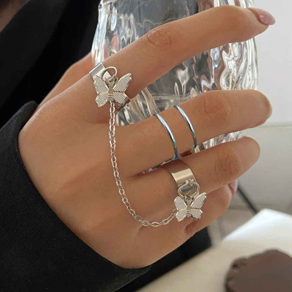 Jewels Galaxy Set Of 3 Silver-Plated Chained Design Finger Ring