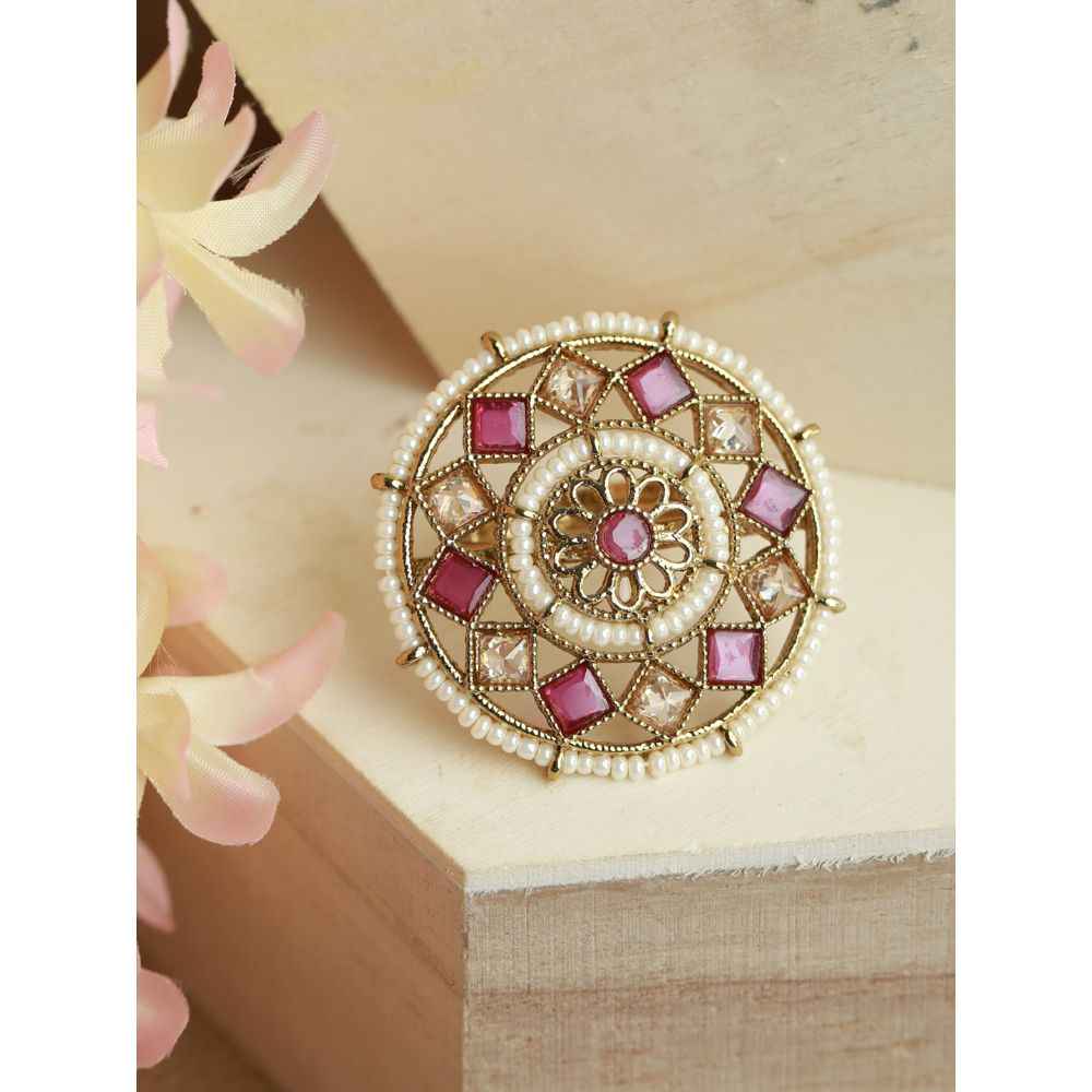 Jazz And Sizzle Gold-Toned Pink & White Stone Studded & Beaded Finger Ring