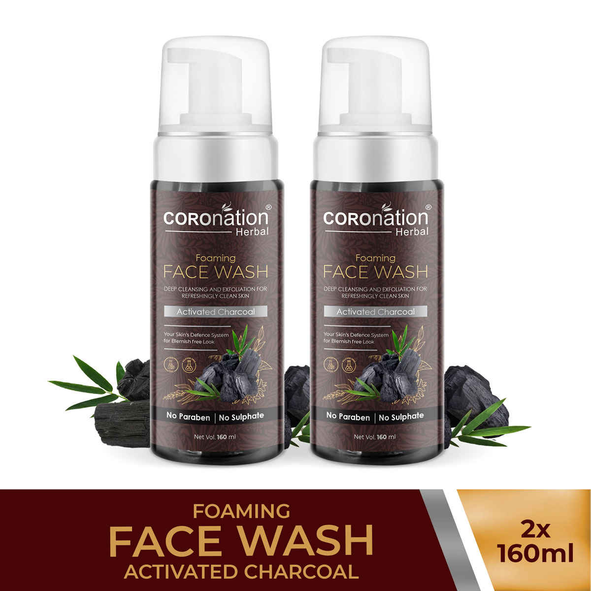 COROnation Herbal Activated Charcoal Foaming Face Wash - 160 ml X 2 ...