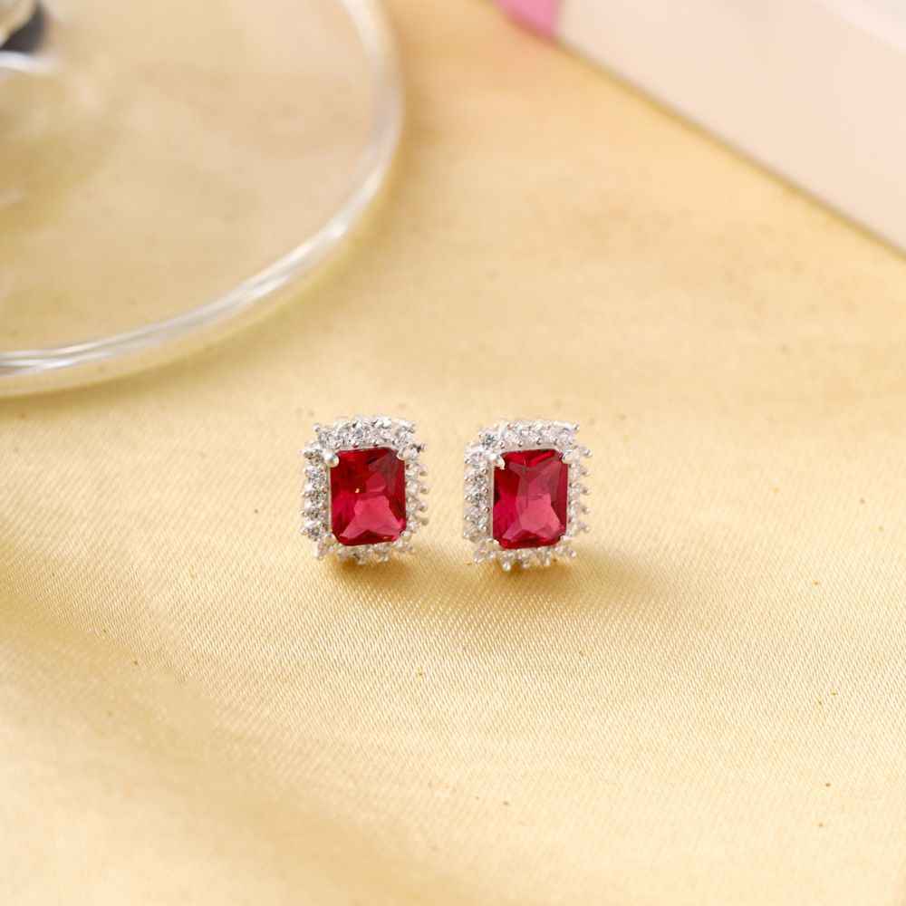 Hiara Jewels Red American Diamond Rhodium Studs in 925 Sterling Silver