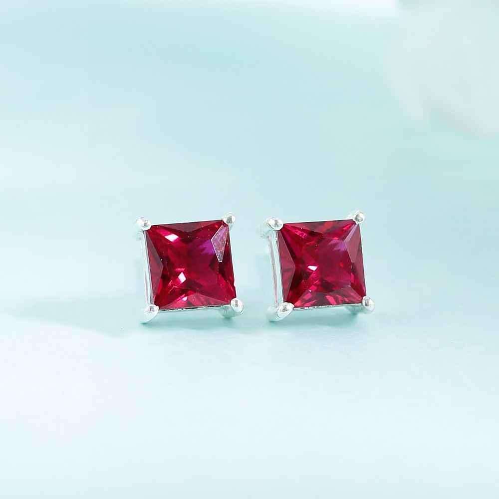 Hiara Jewels Square Red American Diamond Rhodium Studs in 925 Silver