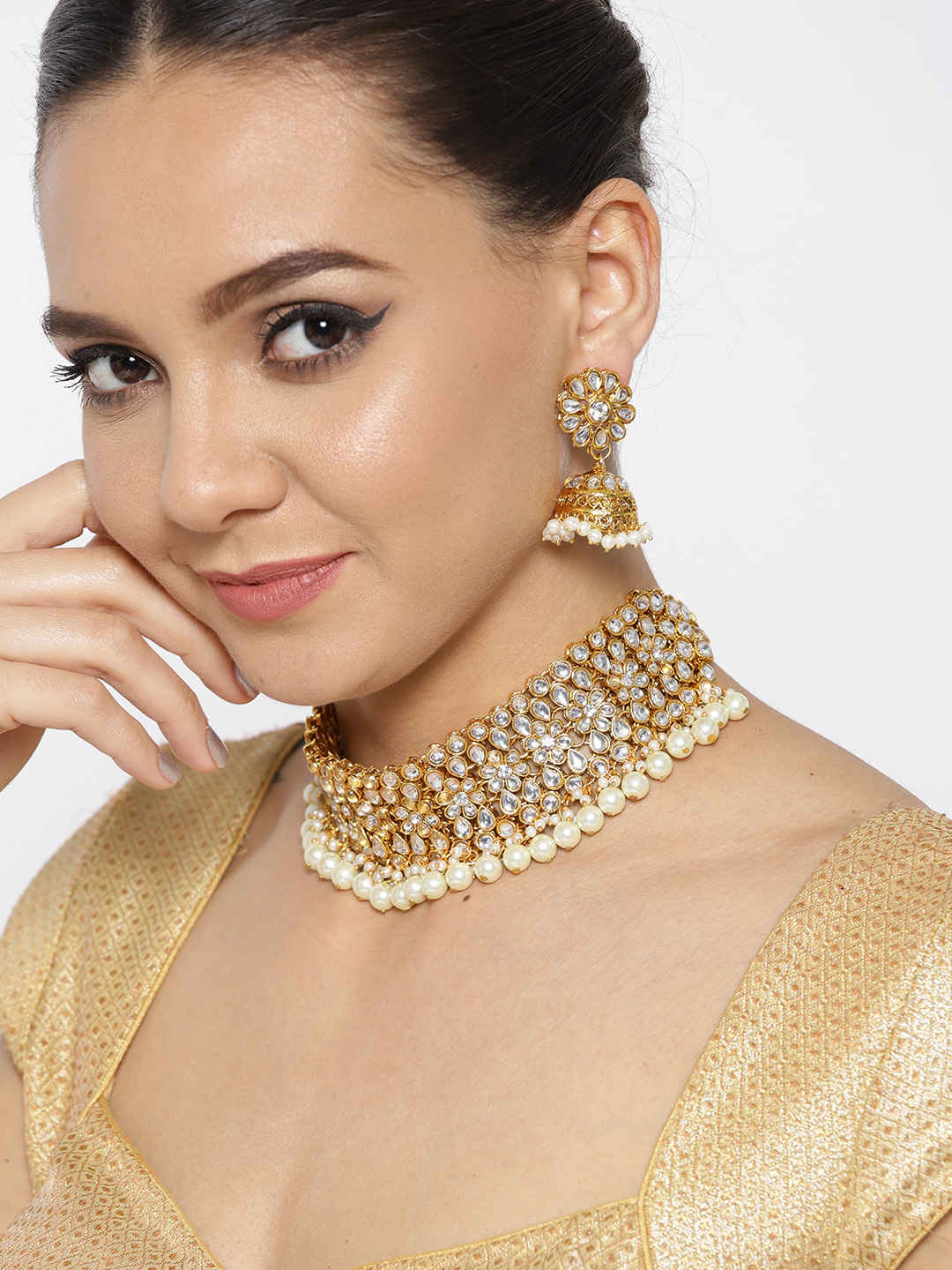 YouBella Off-White Gold-Plated Stone-Studded Handcrafted Jewellery Set