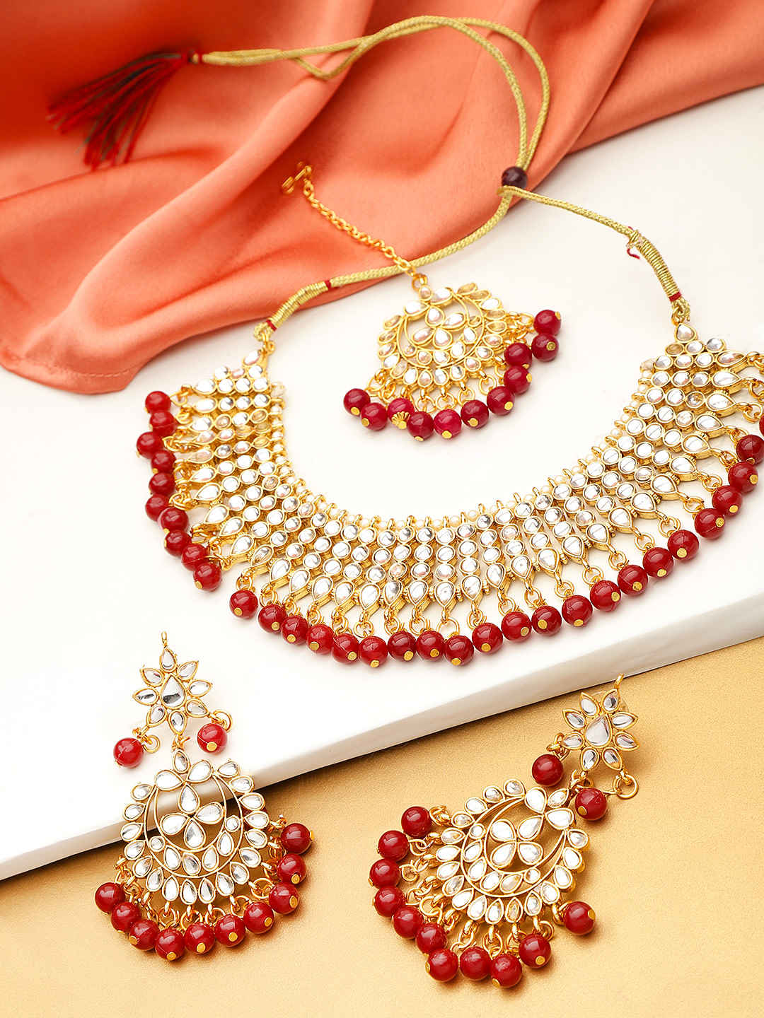YouBella Maroon Gold-Plated Stone-Studded Handcrafted Jewellery Set