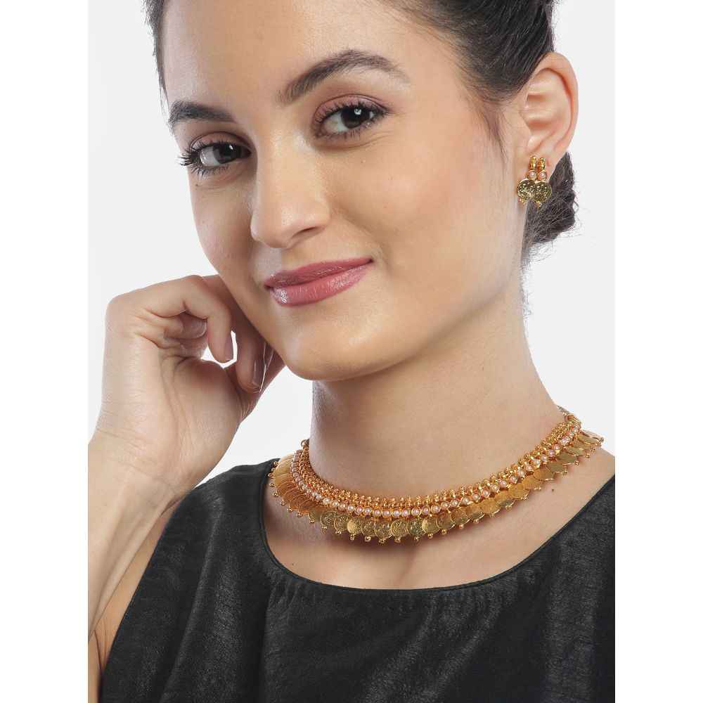 YouBella Off-White Gold Plated Beaded Coin Jewellery Set