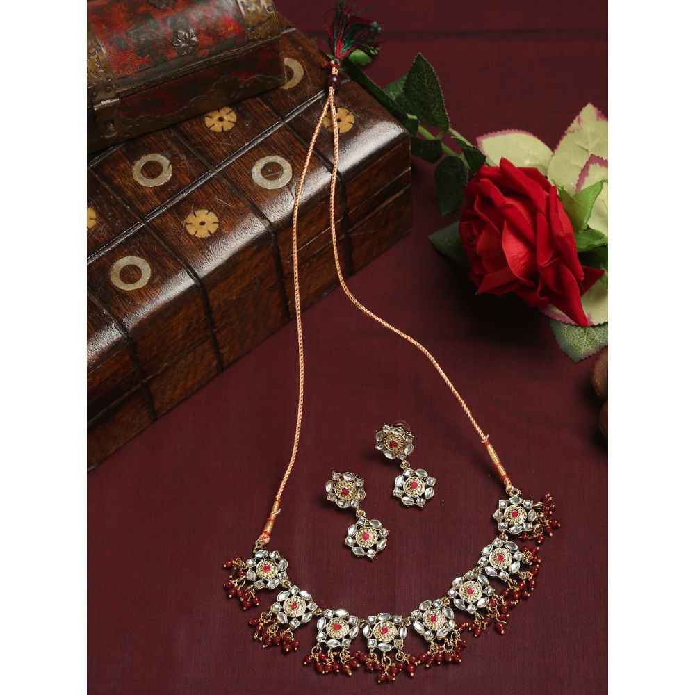 YouBella Red & White-Toned & Gold-Plated Stone-Studded Jewellery Set