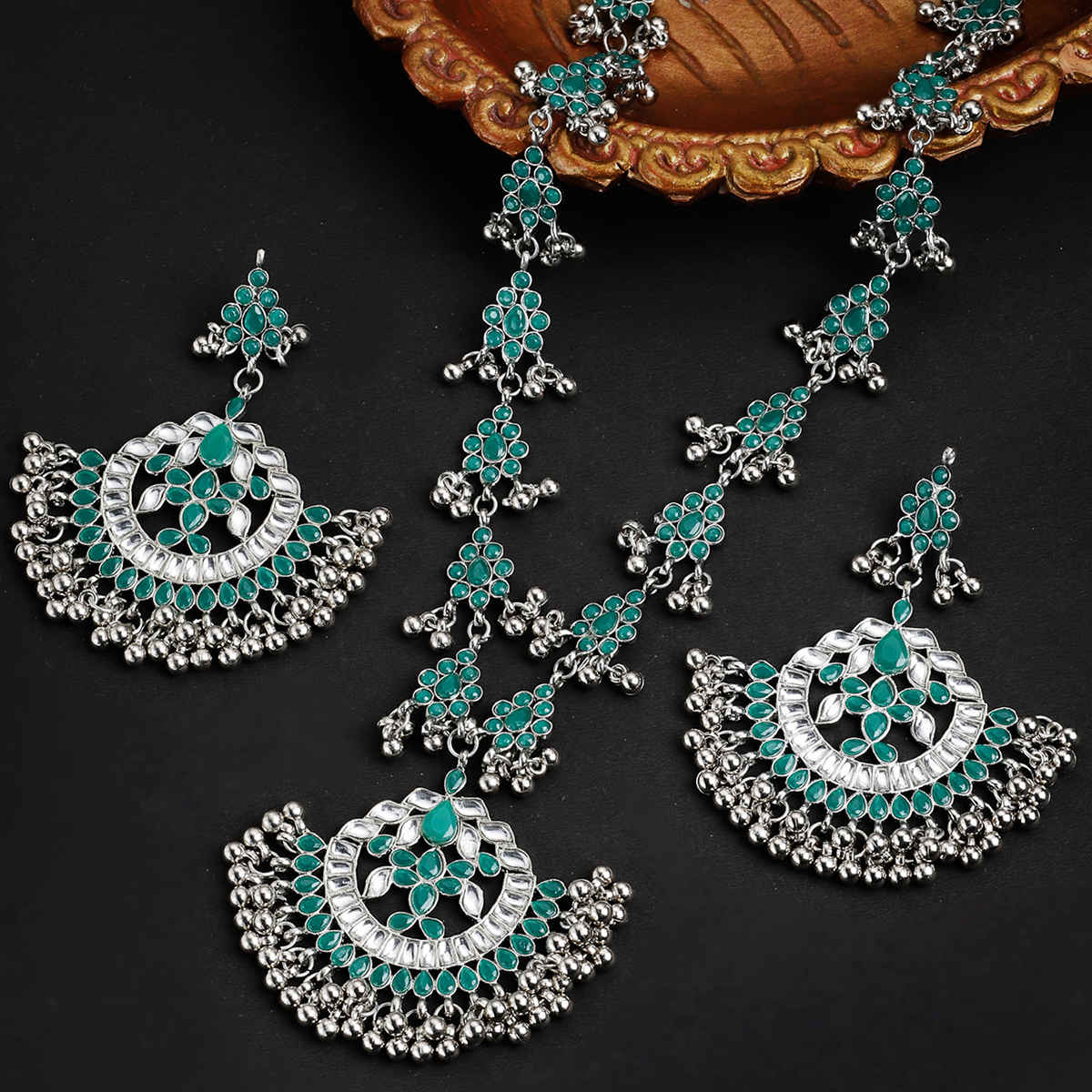 Karatcart Oxidised Silver Green Kundan Studded Antique Rani Haar ...