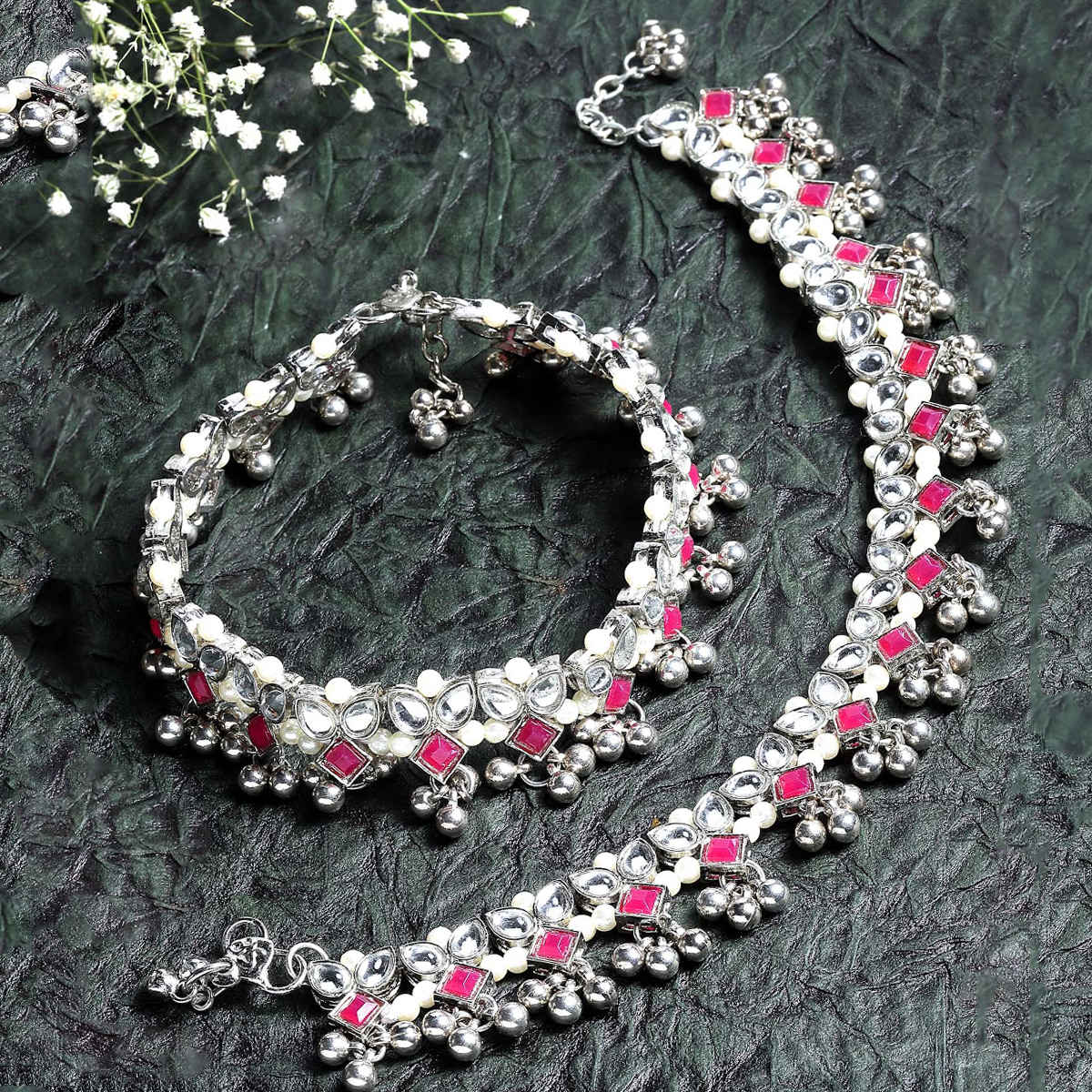 Karatcart Oxidised Silver Red Kundan Anklet for Women