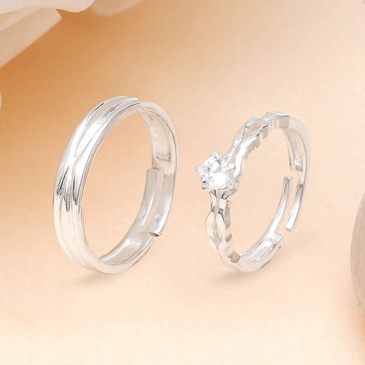 KUNUZ by Karatcart 925 Sterling Silver Solitaire Adjustable Couple Rings