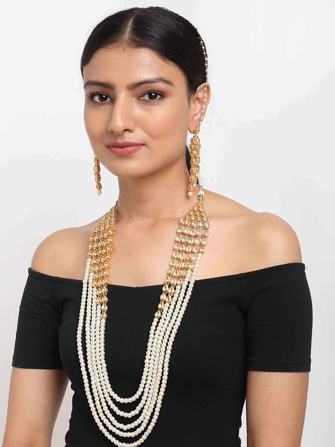 Ruby Raang Layered Pearl Kundan Neckpiece with Earrings - A380-114