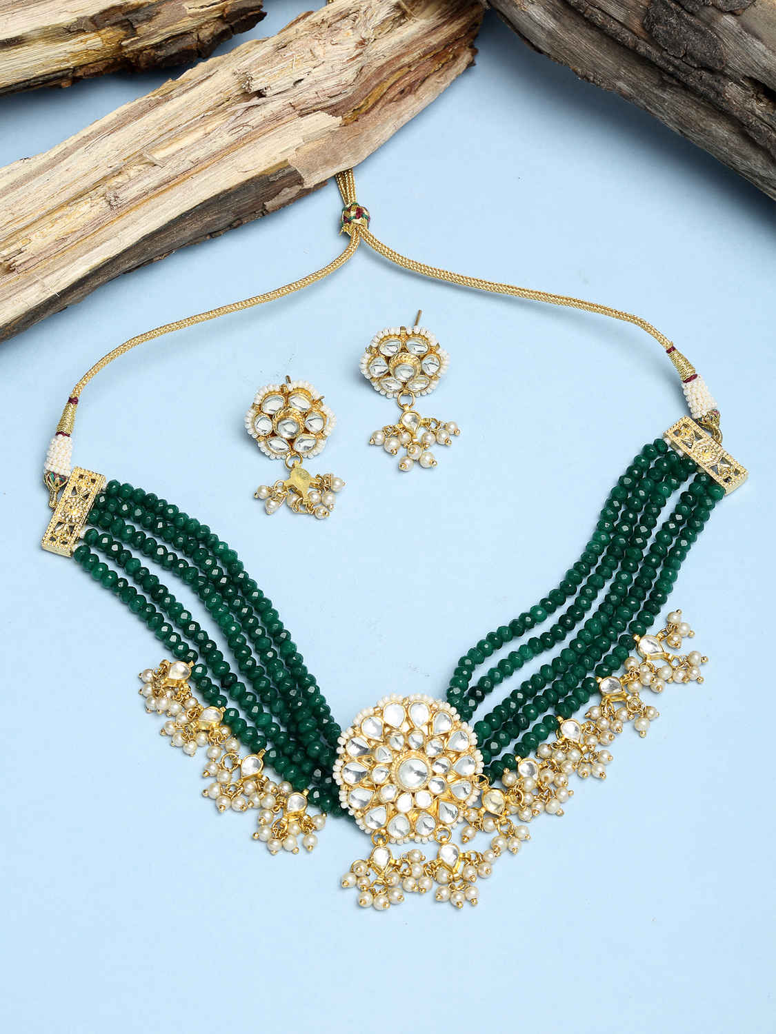 Ruby Raang Green Kundan Choker with Earrings - A380-132