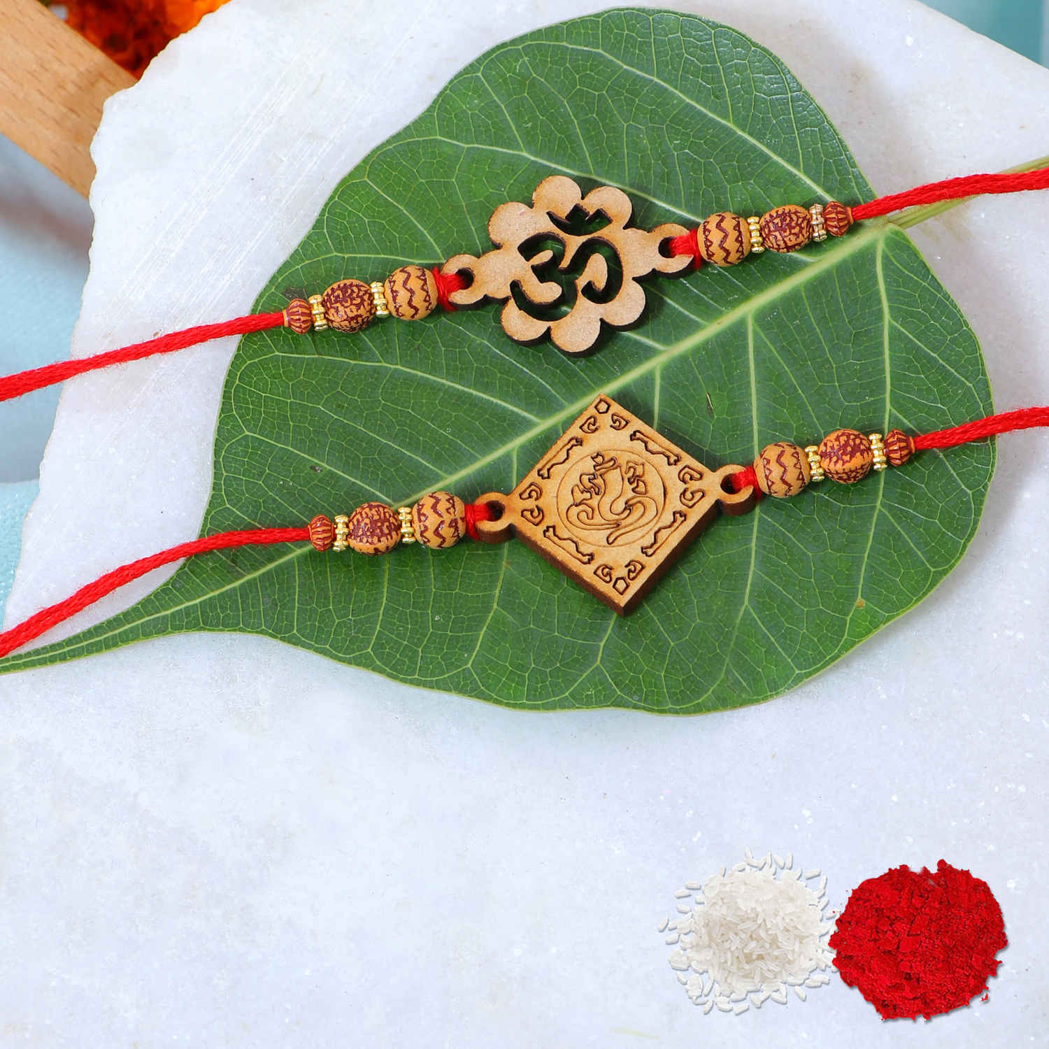 Crunchy Fashion Amroha Craft Brown Wodden Om Naming Rakhi Set With Roli ...
