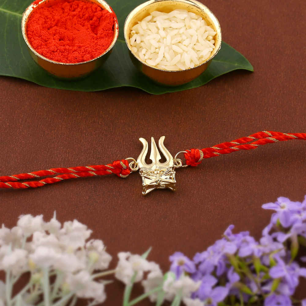 Estele Gold Plated Trishool & Damru Rakhi with Divine Red Silk Thread