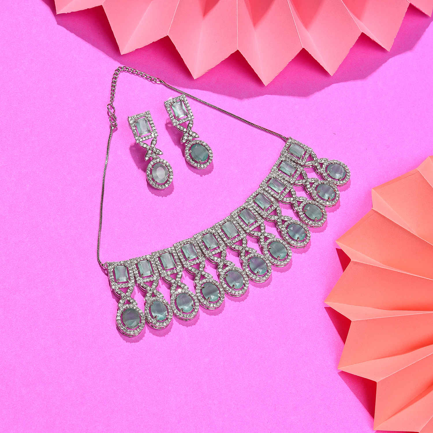 SOHI Silver-Plated White Blue Stone-Studded Jewellery Set