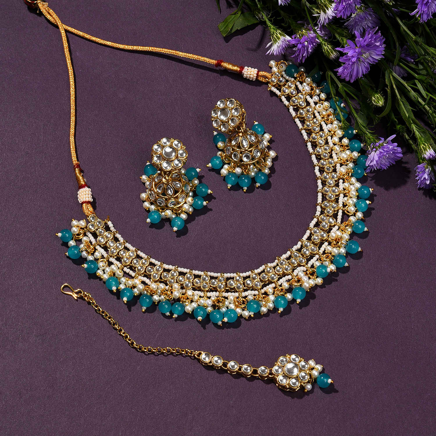 SOHI Gold-Plated Blue White Stone-Studded Beaded Jewellery Set
