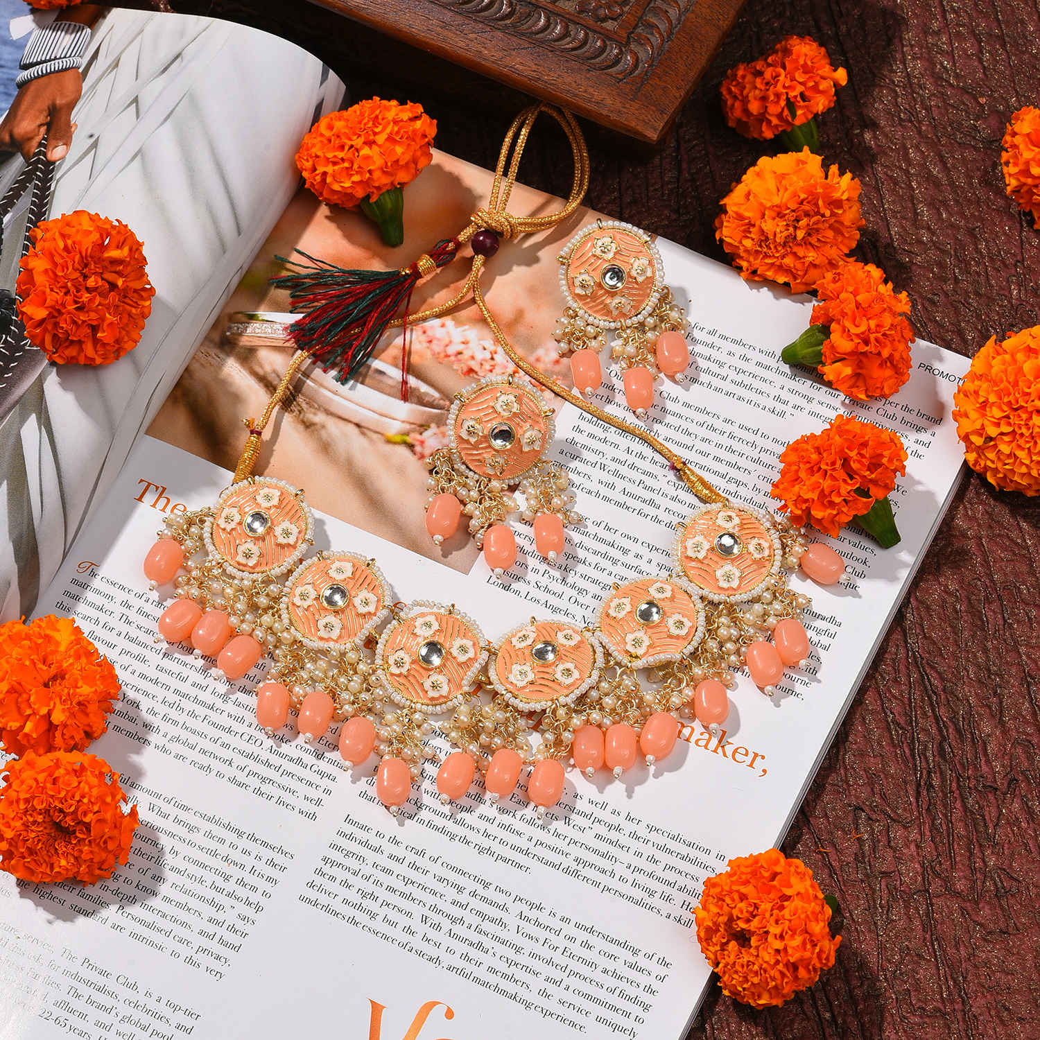 SOHI Gold-Plated White Orange Stone Studded Beaded Jewellery Set