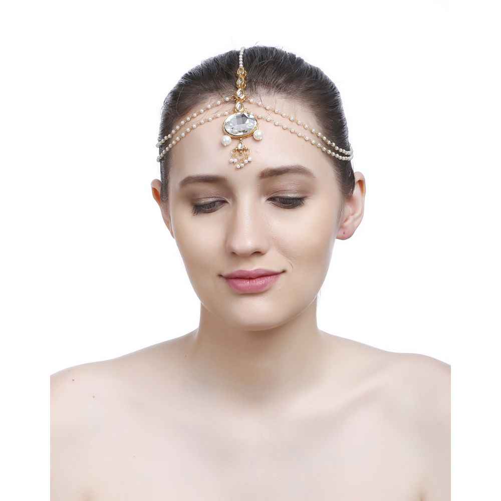 Bamboo Tree Jewels Clear Stone Gold Kundan Matha Patti