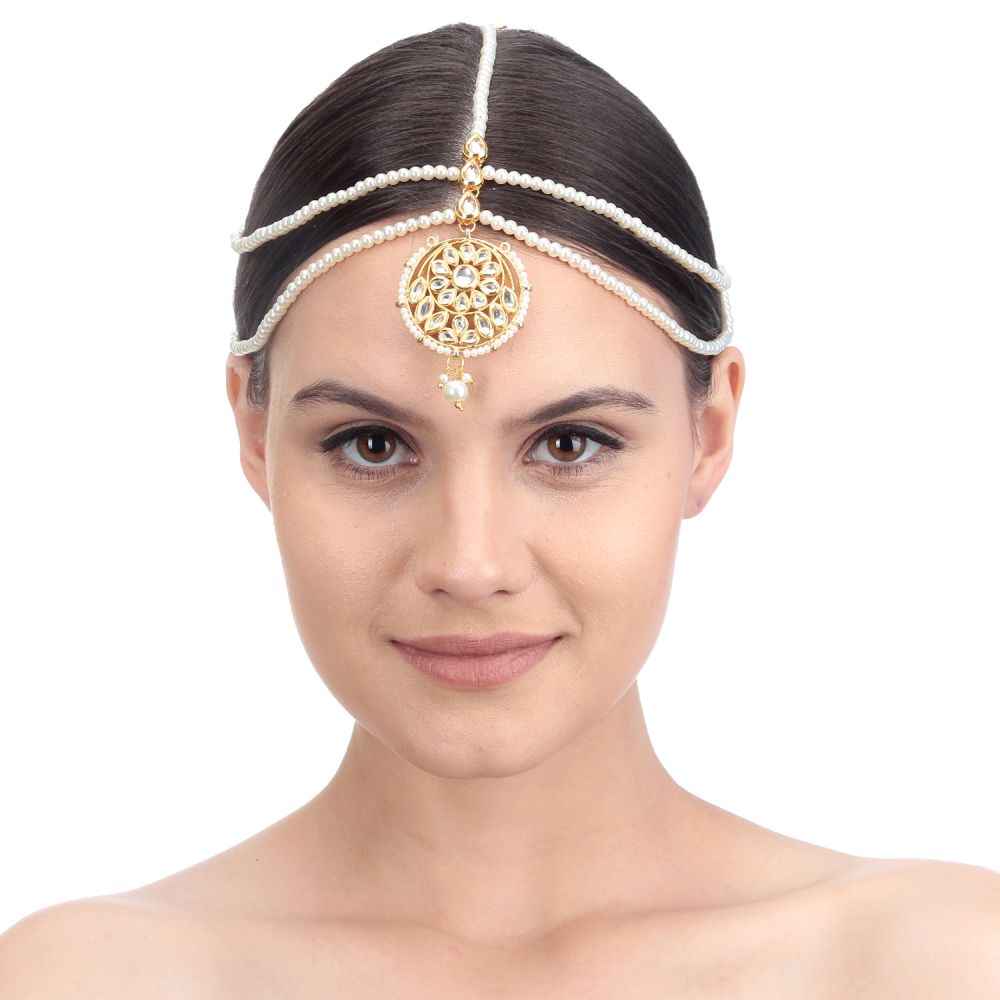 Bamboo Tree Jewels White Pearl Kundan Gold Color Matha Patti