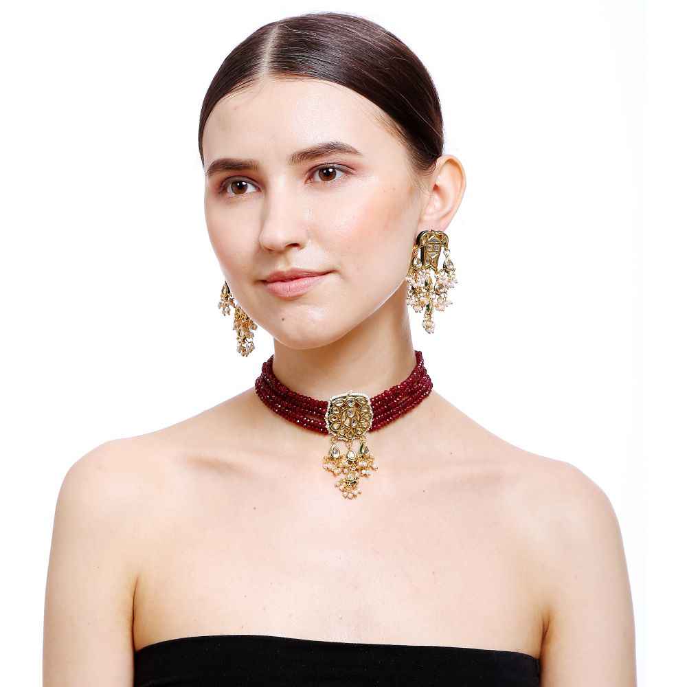 Bamboo Tree Jewels Maroon Beaded Gold Color Kundan Necklace & Earring Set