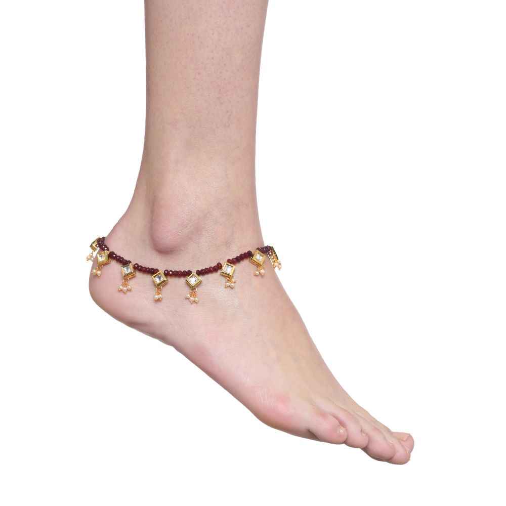 Bamboo Tree Jewels Red Beaded Kundan Anklet