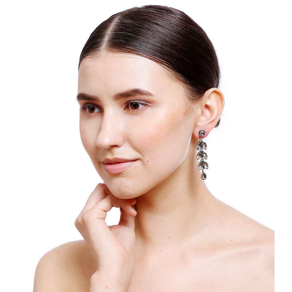 Bamboo Tree Jewels Transparent Stone Classic Drop Silver-Tonded Earrings